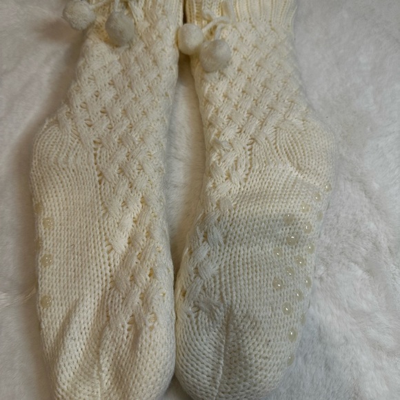 Accessories | Cozy Cream Knit Socks With Pom Poms | Poshmark